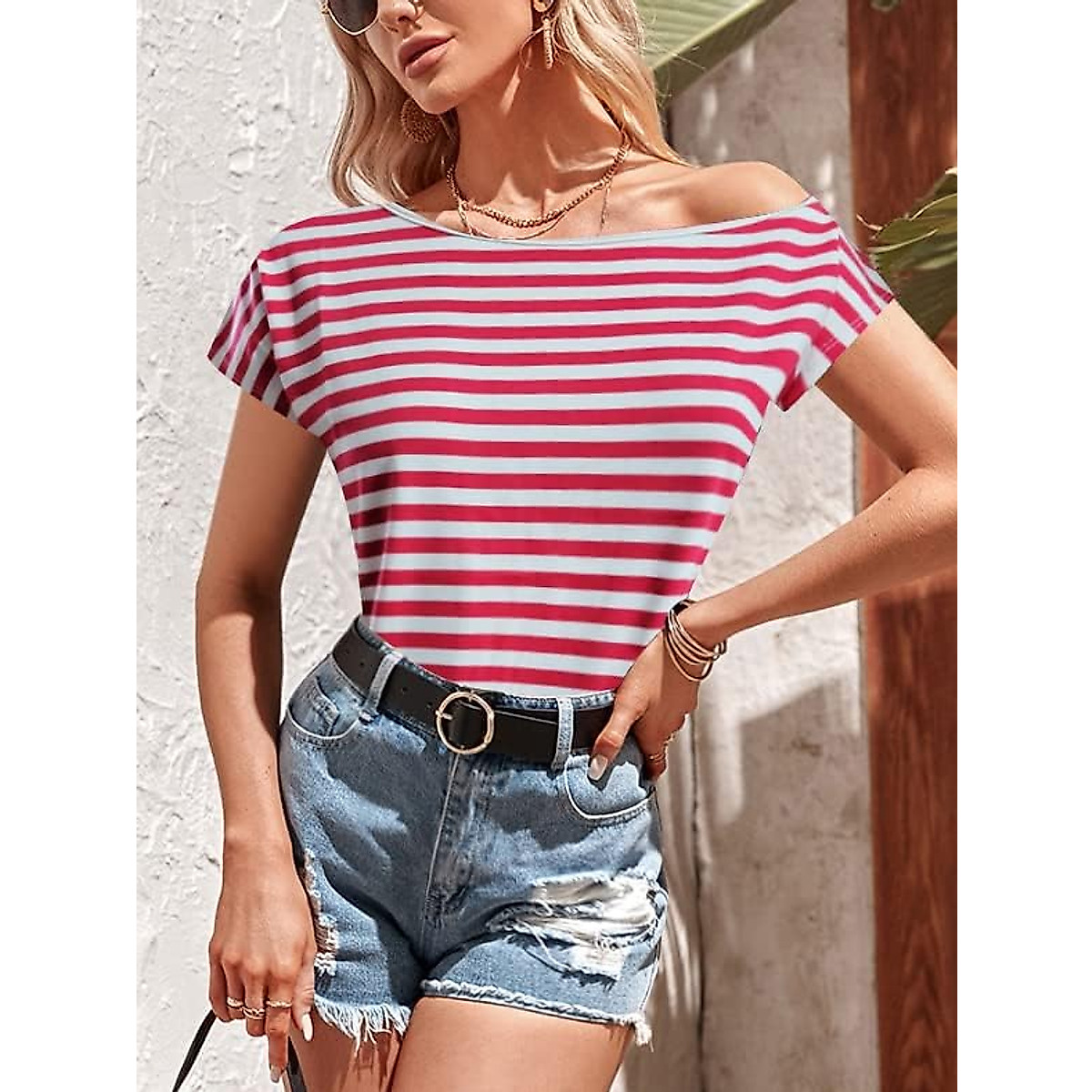 LilyCoco Women's Off The Shoulder Tops Short Sleeve One Shoulder Striped Shirt Red White Striped Small