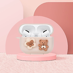 Cute AirPod Pro Case Cartoon Lovely Bear Design with Pearl Chain Soft Protective Cover Compatible with AirPods Pro for Women and Girls (Brown)