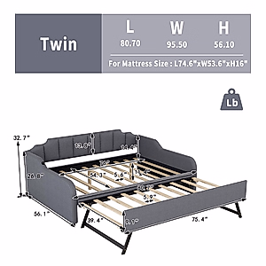 LUSPAZ Upholstered Elegant Daybed with Adjustable Pop Up Trundle and USB Charging Design, Full Size Sofa Bed with Button Design, Wood Slat Support Daybed for Family, Teens, (Gray + Pine)