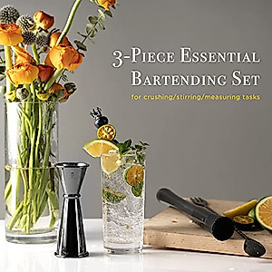 Homestia Stainless Steel Muddler for Cocktails - 10" Drink Muddler, 12" Bar Spoon Cocktail Spoon, 1&2oz Measuring Jigger, 3 PCS Home Bar Tool Set, Black Cocktail Gift for Mojitos Drinks