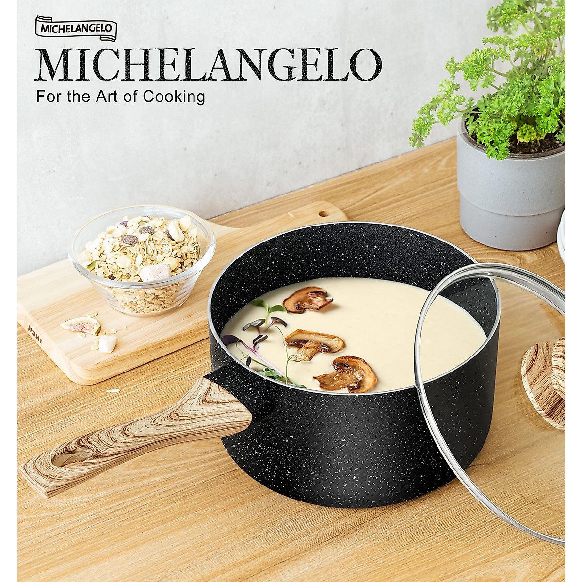 MICHELANGELO 2 Quart Saucepan with Lid,Nonstick Sauce Pan with Lid, Small Pot with Lid, Stone Coating Small Sauce Pan, Ergonomic Bakelite Handle, Black