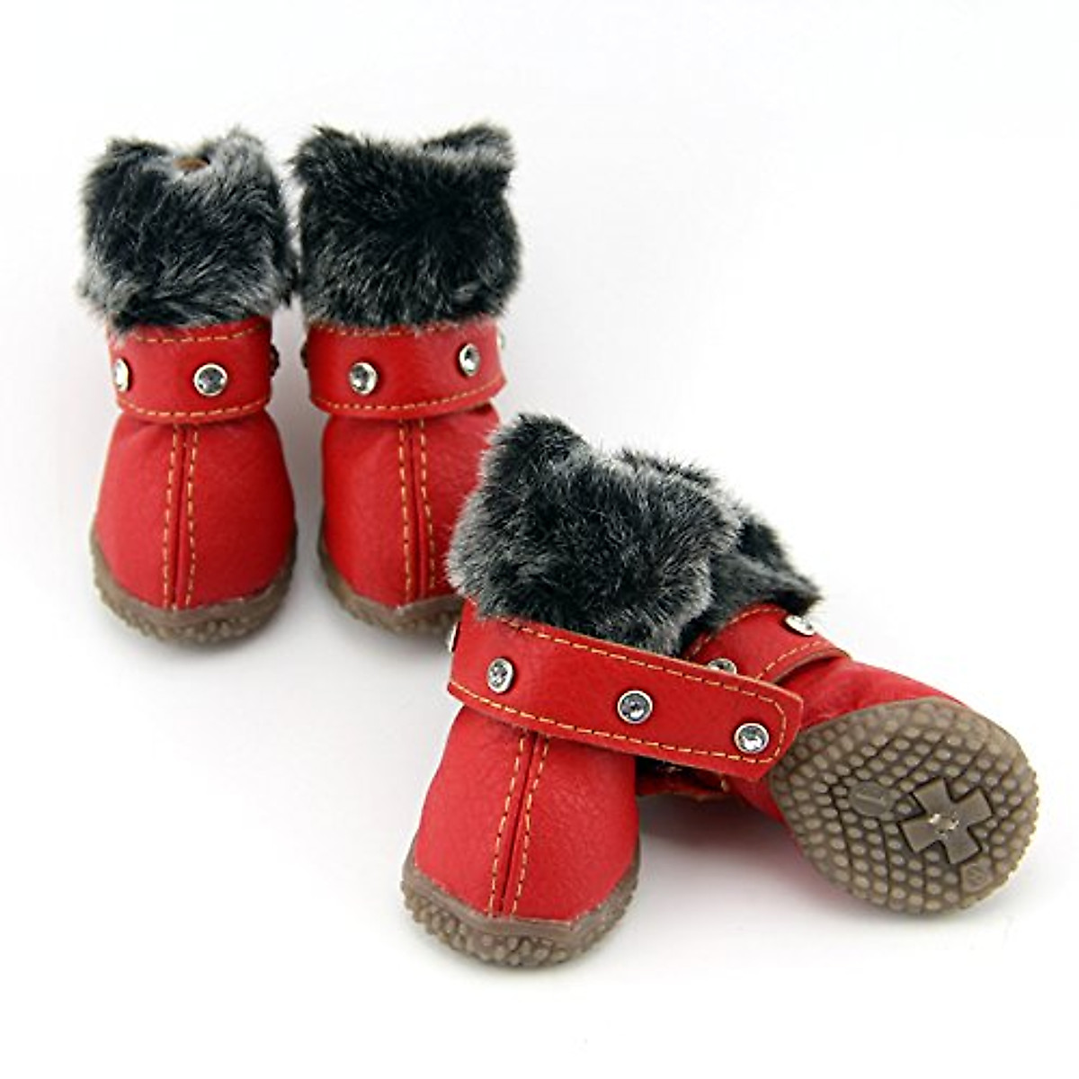 Hdwk&Hped Warm Dog Snow Boots Waterproof PU Small Dog Boots Anti-Slip Pet Shoes Paw Protector for Winter 2 Styles #1-#5 (Rhinestone Style - red, #1)
