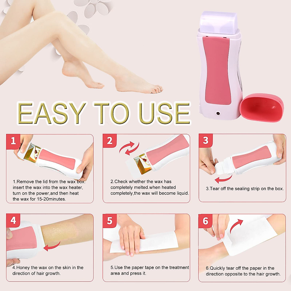 Roll On Wax Kit, Honey Roller Waxing Kit for Sensitive Skin, Hair Removal Roll On Wax Warmer with 2 Wax Roller Cartridge Refill,100 pcs Wax Strips, for Legs Arms and Underarm