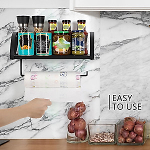 Paper Towel Holder Wall Mount with Shelf Industrial Pine Wood Paper Towel Roll Rack Under Cabinet Spice Rack for Kitchen Bathroom Hanging Paper Towel Holder - Matte Black