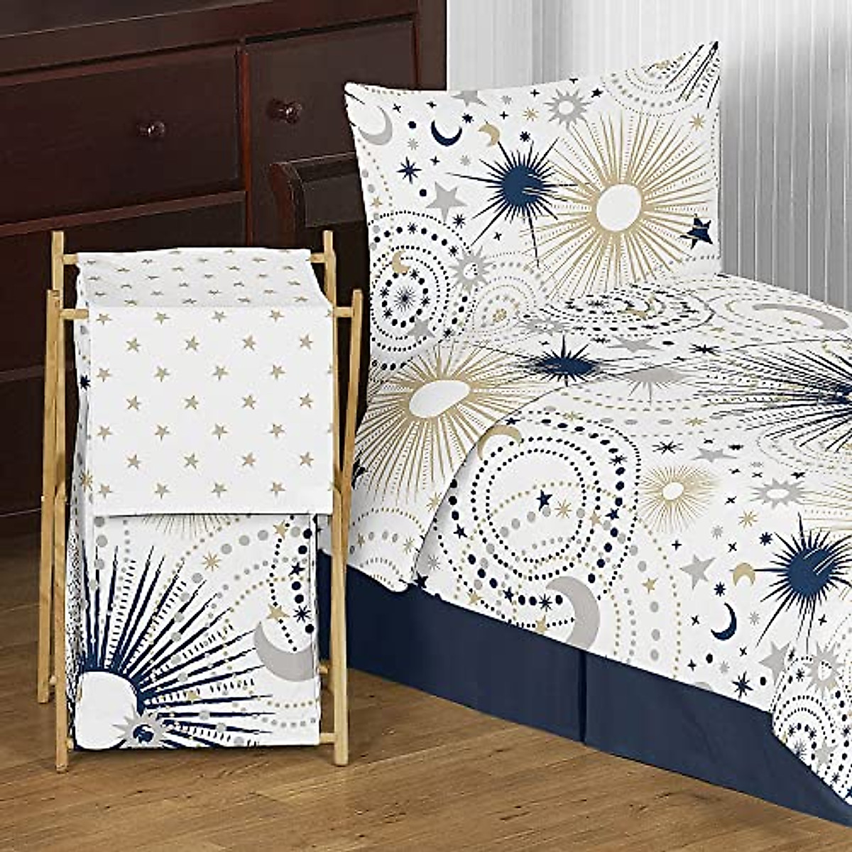 Sweet Jojo Designs Star and Moon Baby Kid Clothes Laundry Hamper - Navy Blue, Gold, and Grey Celestial Sky Stars Gender Neutral Unisex