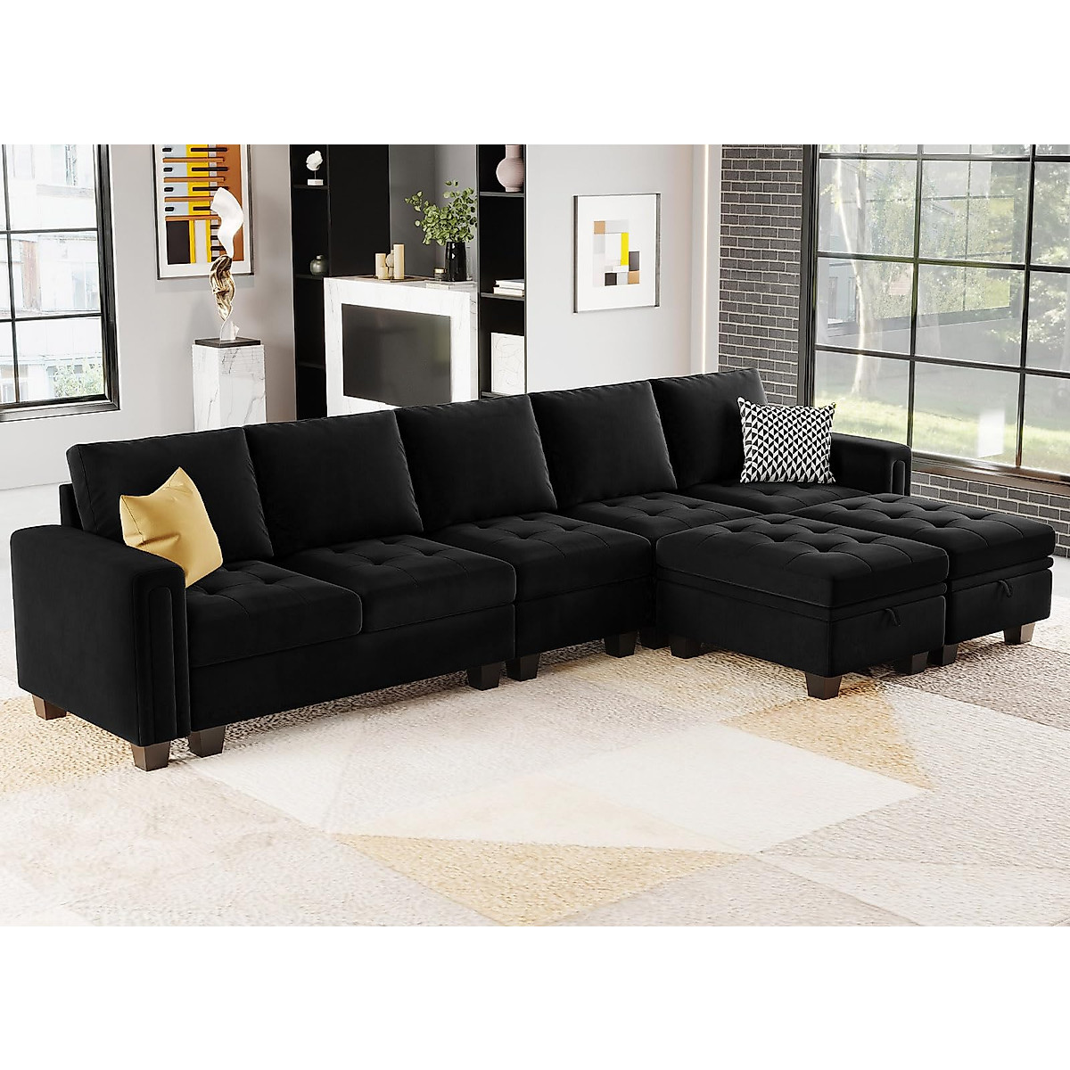 Belffin Large Velvet L Shaped Sectional Sofa Couch with Reversible Double Chaises Modular Sectional Sofa Couch with Storage Ottomans Convertible Sectional Sofa Black