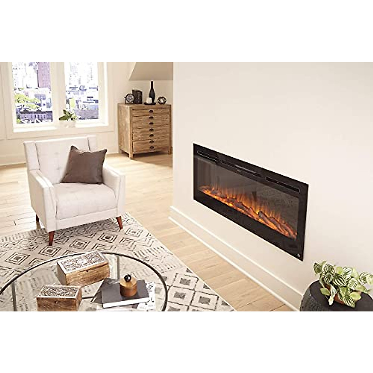 Touchstone Smart Electric Fireplace-The Sideline® 50 Inch Wide-in Wall Recessed-30 Realistic Ember Color/Flame Options-1500W Heater w/Thermostat-Black-Log & Crystal Hearth Options -Alexa®/WiFi Enabled