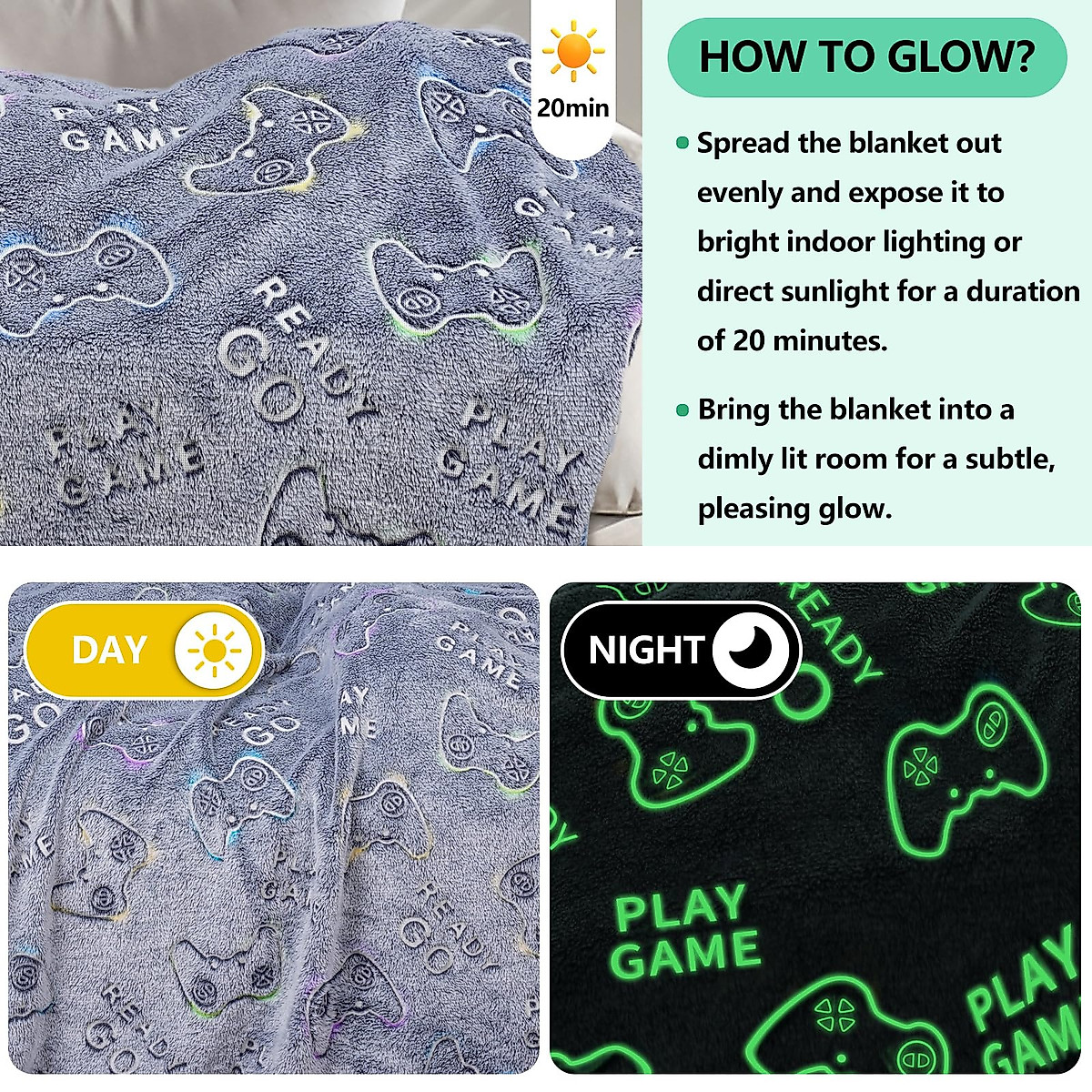 KIRMIKU Glow in The Dark Blanket for Boys, Gamer Blanket Gifts for Kids, Game Controller Throw Blanket for Home Decor, Soft Warm Blanket Toys Birthday Gifts for Teens Men Boyfriend 50"x60"
