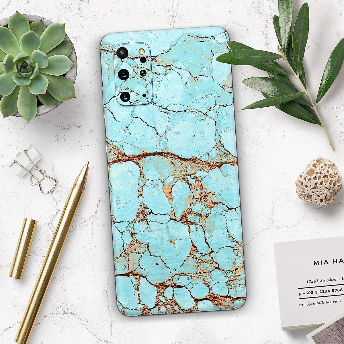 DesignSkinz Cracked Teal Stone Protective Vinyl Decal Wrap Skin Cover Compatible with The Samsung Galaxy S20 (Screen Trim & Back Glass Skin)