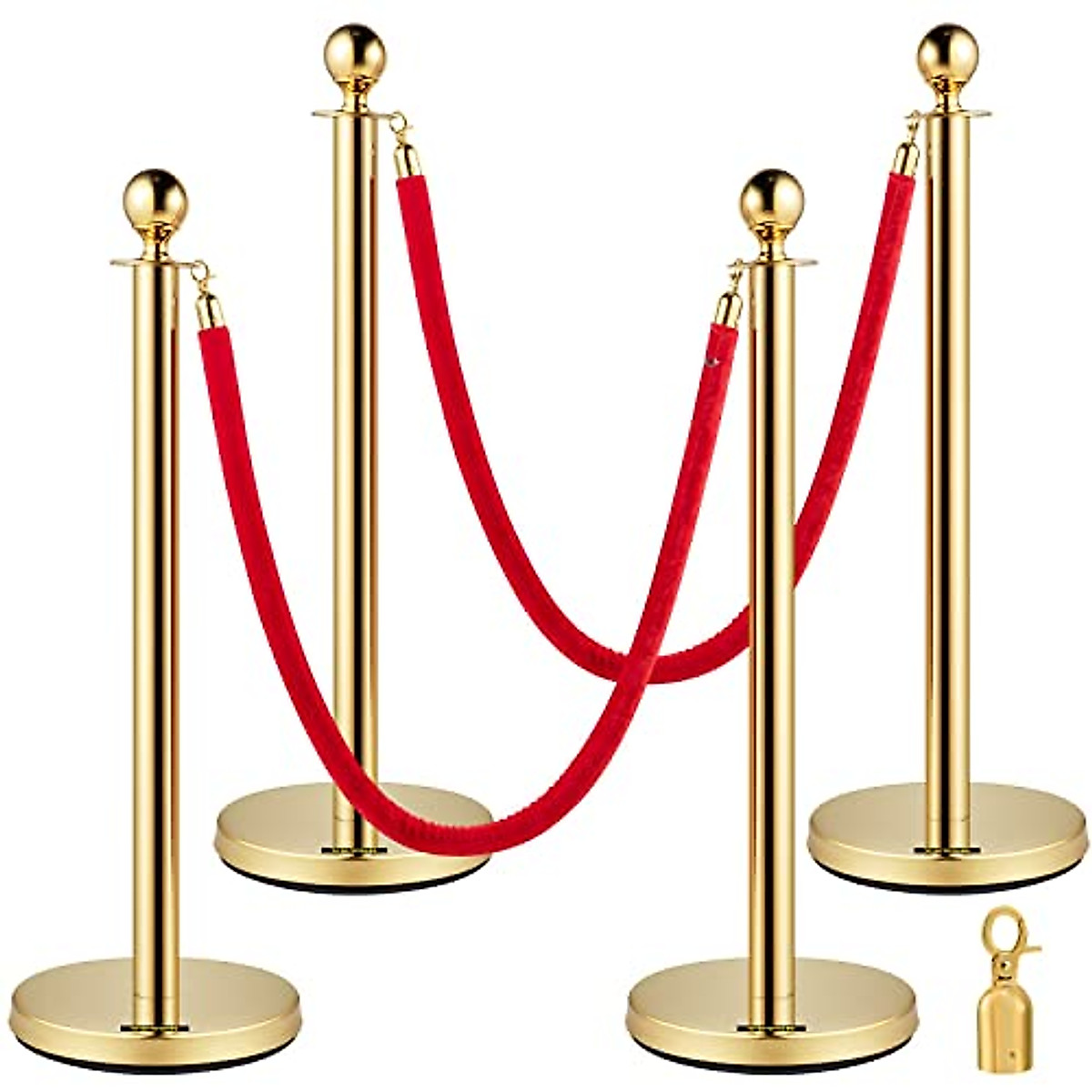 VEVOR Velvet Ropes and Posts, 5 ft Red Velvet Rope, Stanchion Post, Crowd Control Barriers Gold Stanchions, Red Carpet Poles Rubber Base, Crowd Control Ropes and Poles for Party (38, Gold, 4)