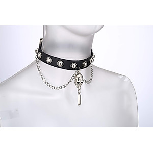 Zysta Unisex Genuine Leather Choker Necklace Adjustable Studed Collar Wide Band Chain Goth Punk Rocker Bold Costume Necklaces Women Gothic Accessory