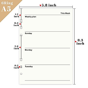 A5 Weekly Planner Insert Refill Paper - 135 Sheets/270 Pages 6 Holes Punched, 100GSM, Sunday Started, Office College Filler Paper,Yellow Loose-leaf Binder Paper, 5.8" x 8.3"