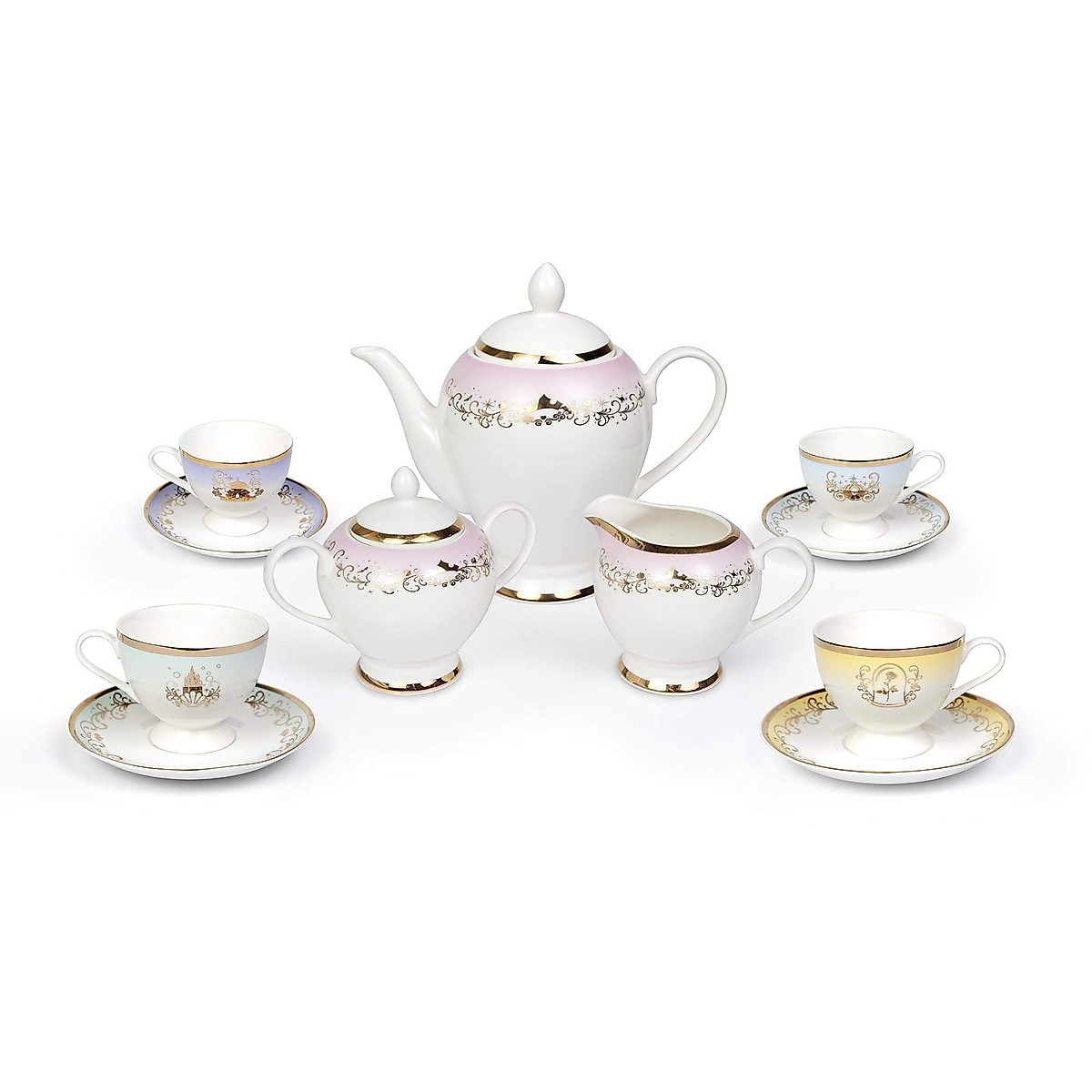 Disney Princess 13-Piece Ceramic Tea Set | Ariel, Cinderella, Jasmine, Belle, Aurora | Tea Party Gift Set For Home Kitchen | Includes Teapot, Cups, Saucers | Place Setting For 4