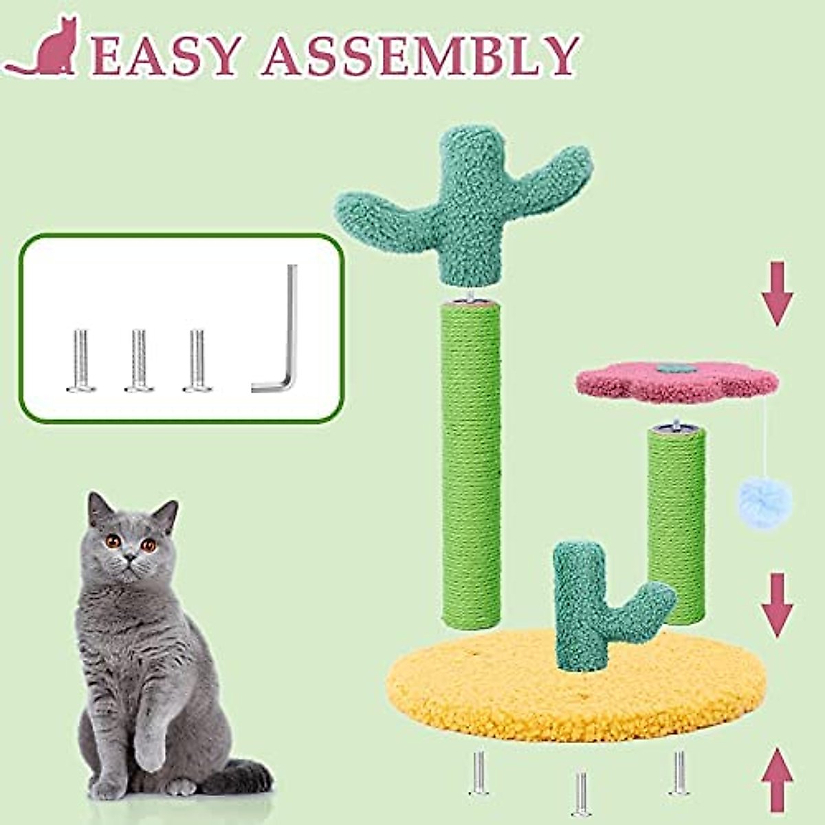 TNELTUEB Cat Scratching Post, Sisal Cat Scratching Post with 3 Different Height Poles and Hanging Ball Cat Interactive Toy for Tiny Kitten Cats Indoor Climbing Playing, Gift for Kitten
