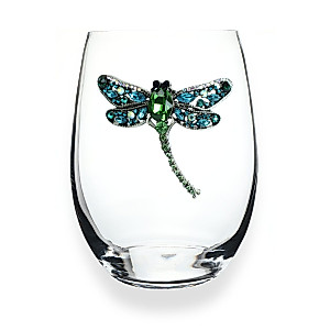 THE QUEENS' JEWELS Dragonfly Jeweled Stemless Wine Glass, 21 oz. - Unique Gift for Women, Birthday, Cute, Fun, Not Painted, Decorated, Bling, Bedazzled, Rhinestone