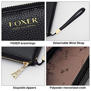 FOXER Leather Zip Around Wallets for Women, Genuine Leather RFID Blocking Gift Box Packing 17 Card Slots Ladies Long Purses with Zipper Coin Pocket Women's Clutch Wallets with Wristband (Black)