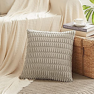 Fancy Homi 4 Packs Neutral Decorative Throw Pillow Covers 18x18 Inch for Living Room Couch Bed Sofa, Rustic Farmhouse Boho Neutral Home Decor, Soft Plush Striped Corduroy Square Cushion Case 45x45 cm