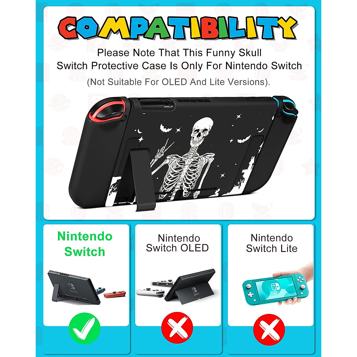 Gurgitat 9in1 Skull Skeleton Switch Case for Nintendo Switch Carrying Cases & Storage Accessories Bundle Kit Thumb Grips+Game Holder+Dockable Skin+Shoulder Strap+Sticker for Switch Travel Pouch Bag