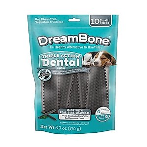Dreambone Triple Action Dental Sticks Charcoal, 10 Count, Rawhide-Free Chews for Small and Medium Sized Dogs Freshens Breath