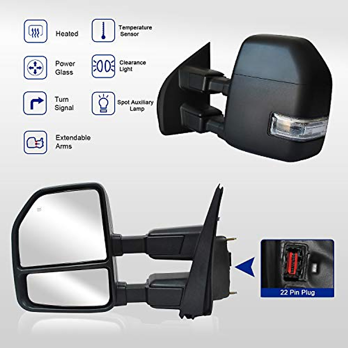 WLLW Towing Mirrors for Ford F250 F350 F450 F-550 Super Duty 2017 2018 2019 2020 With Power, Heated, Temperature Sensor, Turn Signal Light, Spot Auxiliary Lamp Pickup Truck