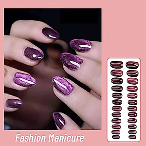 Purple Cat Eye Press on Nails Medium Length Round False Nails 24 Pcs Dark Purple Glossy Glue on Nails Color Changing with Light Luxury Acrylic Fake Nails for Women Girls