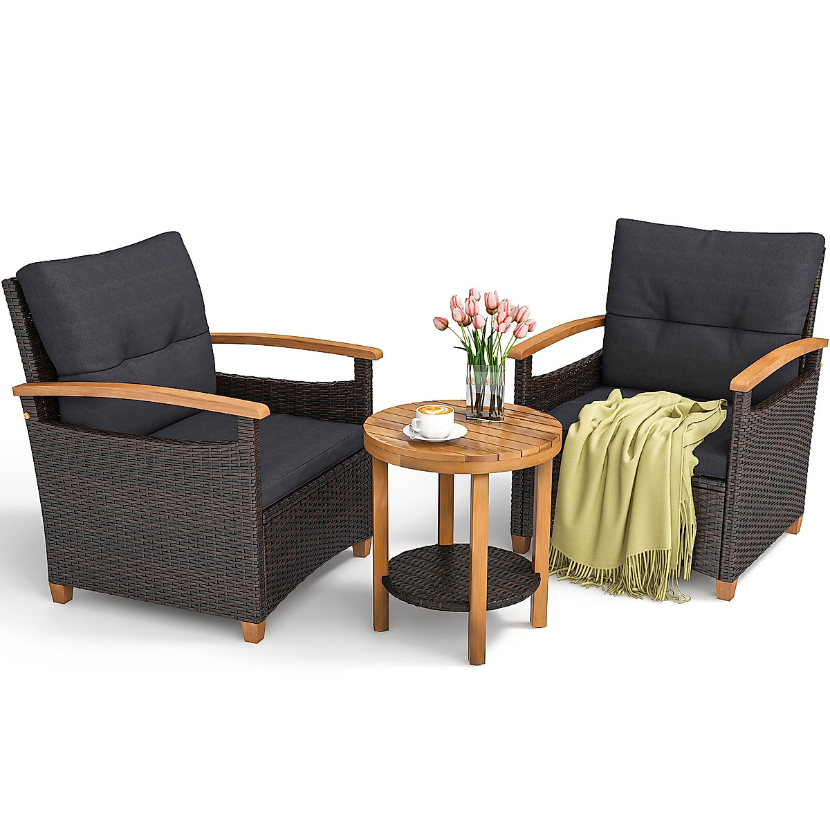 YITAHOME Wooden Armrest 3-Piece Patio Bistro Set, Wicker Bistro Set with Soft Cushions Comfort for Backyard, Balcony and Deck, Wooden Armrest and Side Table, Brown+Charcoal Gray