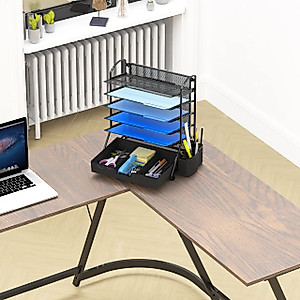 SimpleHouseware 6 Trays Desk Document File Tray Organizer with Supplies Sliding Drawer, Black