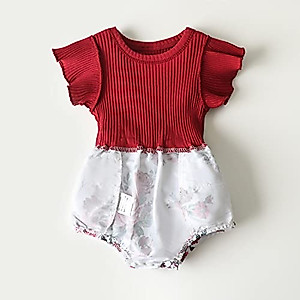 Newborn Baby Girl Clothes Summer Infant Romper Outfit Short Sleeve Suspender Dress Clothing with Headband Wine Red 3-6 Months