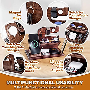 TESLYAR Wood Phone Docking Station Charger Xmas Gifts for Men or Dad for Husband Birthday Wife Nightstand Organizer Key Holder Wallet Solid Ash