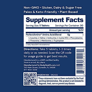 BodyHealth PerfectAmino (300 Tablets) 8 Essential Amino Acids Supplements with BCAA, Increase Muscle Recovery, Boost Energy & Stamina, 99% Utilization, Vegan Branched Chain Protein Pre/Post Workout