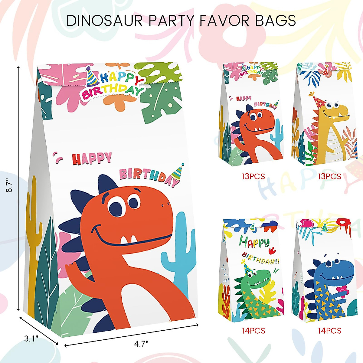 JOHOUSE 24PCS Dinosaur Party Favor Bags, Paper Gift Bags with Stickers Treat Bags Dinosaur Goodie Bags for Birthday Baby Shower