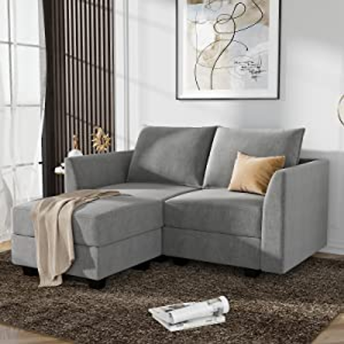 HONBAY Reversible Sectional Sofa with Chaise Modern Fabric Modular Sofa Couch with Ottoman L Shaped Couch with Storage Seat for Small Space, Grey