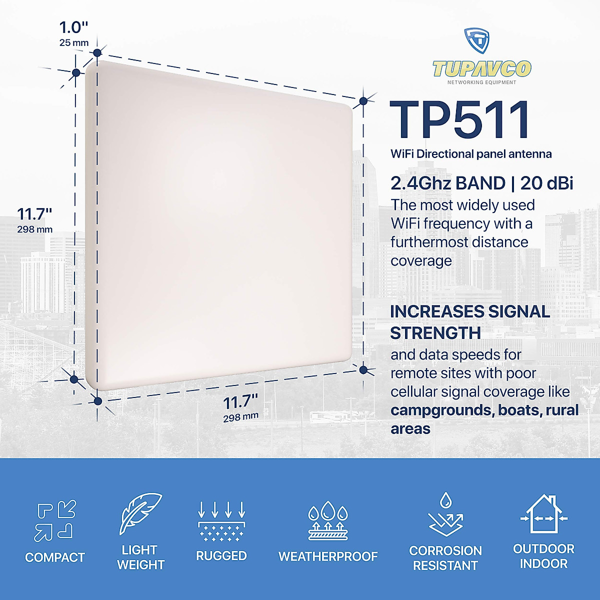 Tupavco TP511 WiFi Panel Antenna 2.4GHz (20dBi) Outdoor Directional (2400-2483 MHz) Wireless Network Signal (Pole Mast Mount) Weatherproof High-Gain Long Distance Range (N-Female Connector)