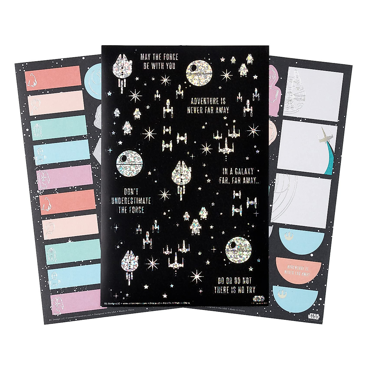 Star Wars Sticker Pack Trio - 121 Stickers Total, 3 Iridescent, Holographic, Silver Metallic Pages of Decorative, Functional, and Cute Stickers for Customizing Planners, Notebooks, and More
