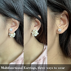 Numgug Shell Flower Pearl Earrings Ball Pearl Double Sided Stud Front Back Earrings for Women 14k Gold Plated Inlaid Created Zircon Pearl Stud (A-Golden)1