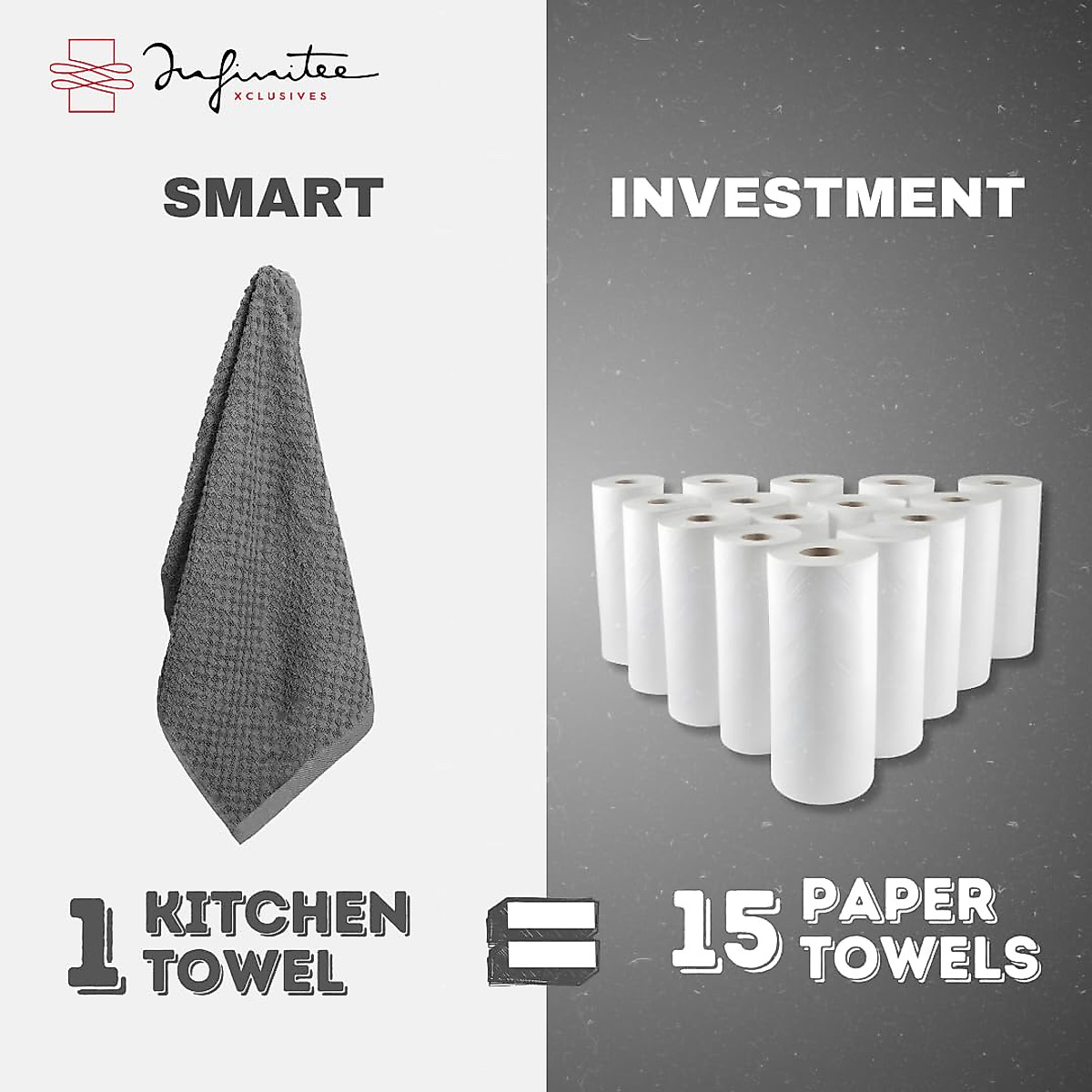Infinitee Xclusives Premium Kitchen Towels – Pack of 6, 100% Cotton 15 x 25 Inches Absorbent Dish Towels - 425 GSM Tea Towel, Terry Kitchen Dishcloth Towels- Grey Dish Cloth for Household Cleaning