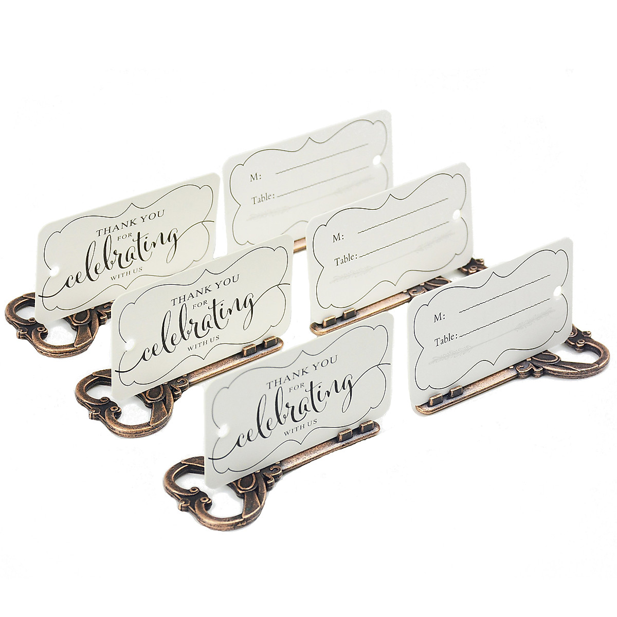 Aokbean 50pcs Skeleton Key Bottle Opener Place Card Holder for Weddings Table Name Cards for Guests Souvenirs with French Ribbon (Antique Copper)
