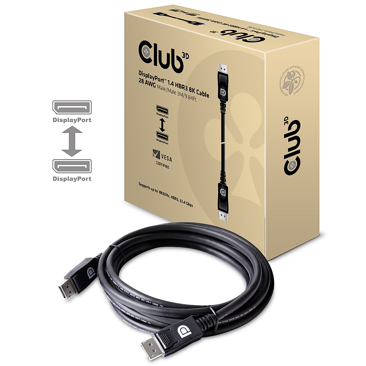 Club3D CAC-1060 VESA Certified DisplayPort to DisplayPort 1.4/Hbr3 M/M Cable DP 1.4 8K 60Hz 3m- 9.84ft