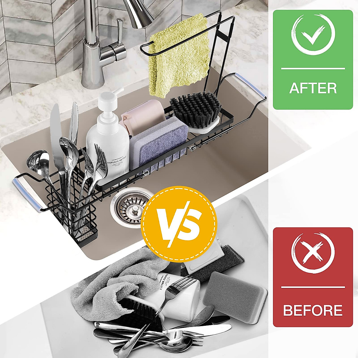 LOLOST Sink Caddy Sponge Holder, Expandable (16.7"-21.3") Kitchen Telescopic Sink Storage Rack , 4-in-1 Telescopic Sink Shelf with Dish Towels Drying Rack, Black