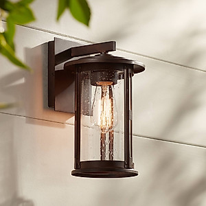 Franklin Iron Works Ridgeland Vintage Industrial Outdoor Wall Light Fixture Bronze 10 1/2" Seeded Glass Cylinder Lantern for Exterior House Porch Patio Outside Deck Garage Front Door Garden Home