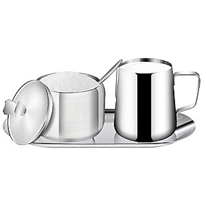 Worldity Stainless Steel Sugar and Creamer Set, Coffee Sets for Serving, Latte Milk Cup Cream Jug and Sugar Bowl with Lid Spoon Tray for Coffee Bar