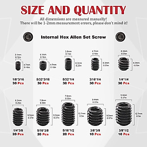 Hilitchi 230Pcs Socket Set Screw Assortment in SAE Sizes Internal Hex Drive Cup Point Allen Grub Screws 12.9 Class Black Alloy Steel (10Sizes)