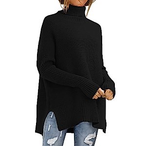 PRETTYGARDEN Women's Fall Oversized Turtleneck Sweater Casual Long Sleeve Chunky Knit Pullover Winter Tops Blouse (Black,Large)