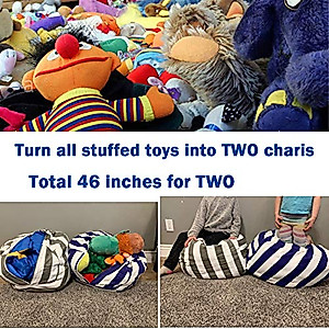 2 Packs Stuffed Animal Storage Beanbag Cover 24" Bean Bag Storage for Kids Girs Boys Room Toys Organizer Heavy-duty Zipper Bean Bag Chair Covers Only Grey Blue White Stripes Cotton Canvas