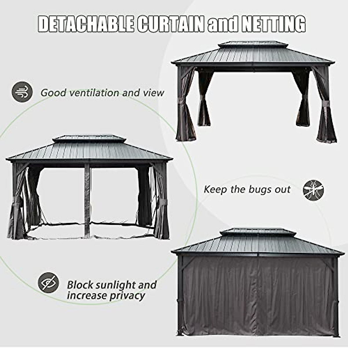 Domi Hardtop Gazebos 12x16FT, Aluminum Metal Gazebo with Galvanized Steel Double Roof Canopy, Curtain and Netting, Permanent Gazebo Pavilion for Patio, Backyard, Deck and Lawn, Grey