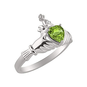 Rylos Rings Sterling Silver Claddah Love, Loyalty & Friendship Ring Heart 6MM Gemstone & Diamond Claddagh Rings August Peridot Jewelry Size 11