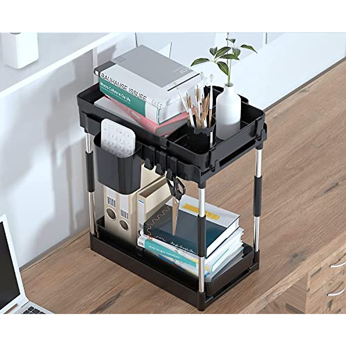 Double Sliding Under Sink Organizers and Storage - 2 Tier Pull Out Under Kitchen Cabinet Organizer w 4 Hanging Cup,8 Hooks,4 Dividers, Under Counter Sink Organization for Bathroom, Adjustable H and W