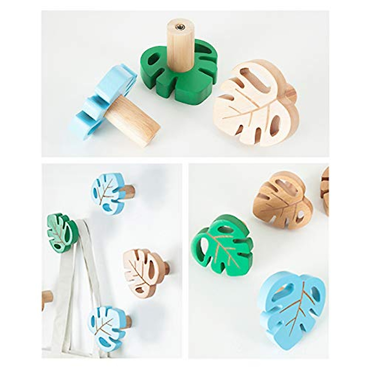 Kelendle 4Pcs Wall Mounted Monstera Wooden Coat Hooks with Mounting Hardware Single Wall Hook Rack Clothes Hanger Organizer (Beech)