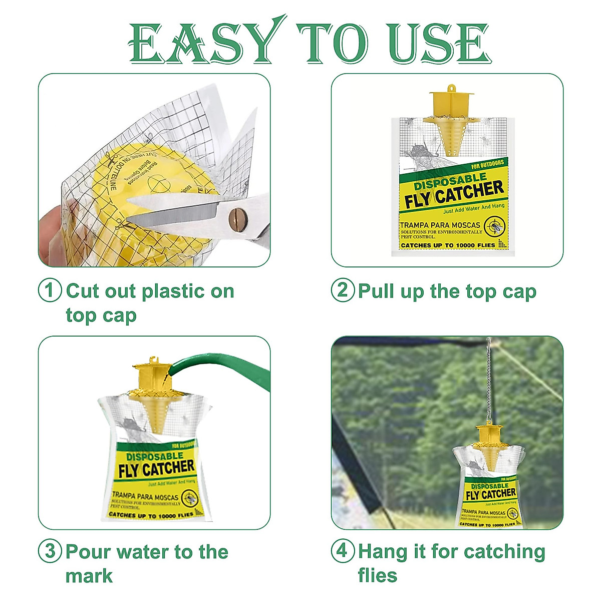 Outdoor Fly Traps (8 Pack) with Adjustable Hanging Chain (4 Pack), Disposable Hanging Fly Traps with Natural Pre-Baited Bags | Effective Fly Killer for Backyard, Patio, Park or Farm