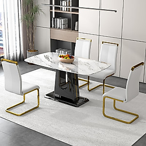 Mcltopz 63" Dining Table for 4-6 People, Modern Rectangular Dining Table with White Faux Marble Veneer Top & High Glossy Black Pedestal Base, Large Dinner Table Kitchen Table for Dining Room, Kitchen